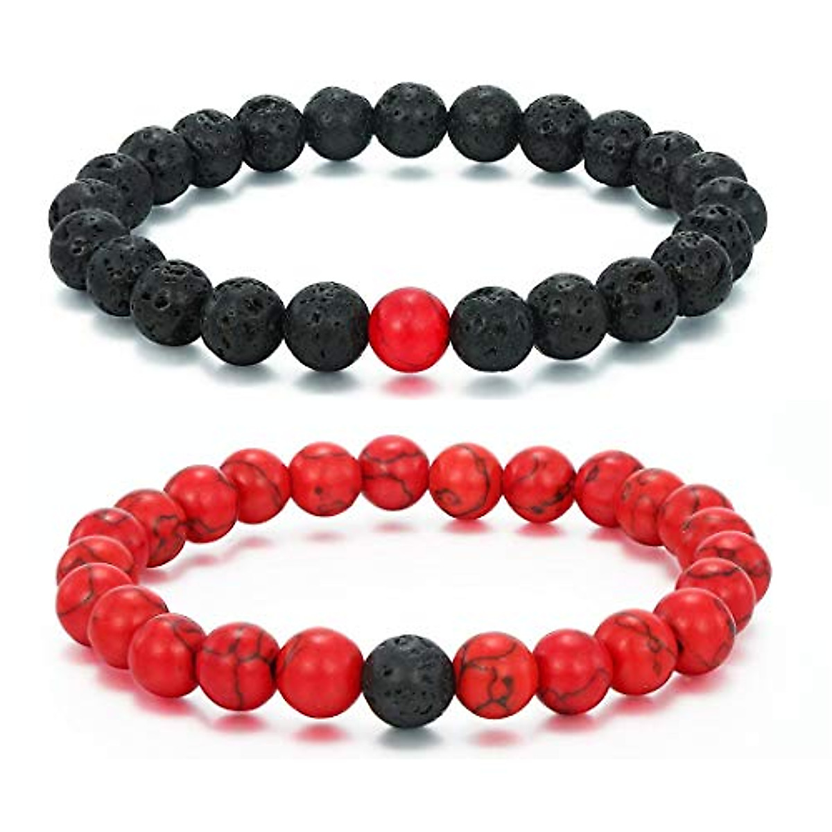 MengPa Mens Beaded Bracelets Couples Matching Bracelet Set Lava Rock Beads for Women Stone Jewelry (Howlite-Red) US4163B