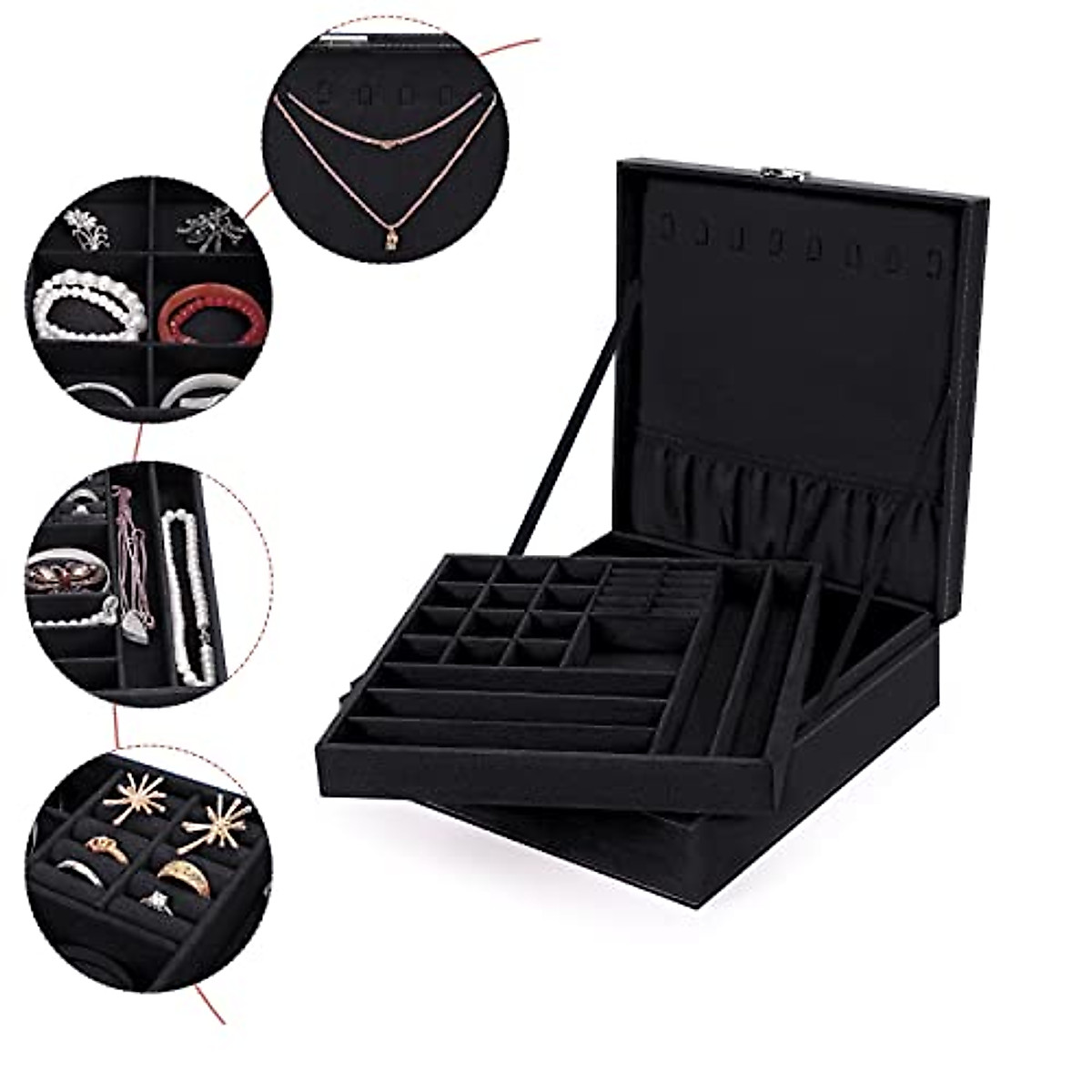 MOSISO Jewelry Box, Jewelry Storage Case Organizer Stackable Double Layer Lockable Display for Teens Girl/Women Velvet Necklace Earring Bracelet Ring Watch Brooch Holder, Black