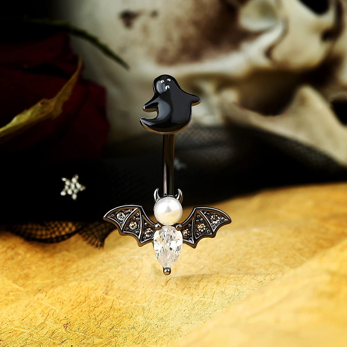Jewseen Belly Button Rings Bat Belly Rings 316L Stainless Steel Belly Piercing 14g Navel Ring for Women Navel Piercing Belly Bar Body Jewelry for Halloween Day