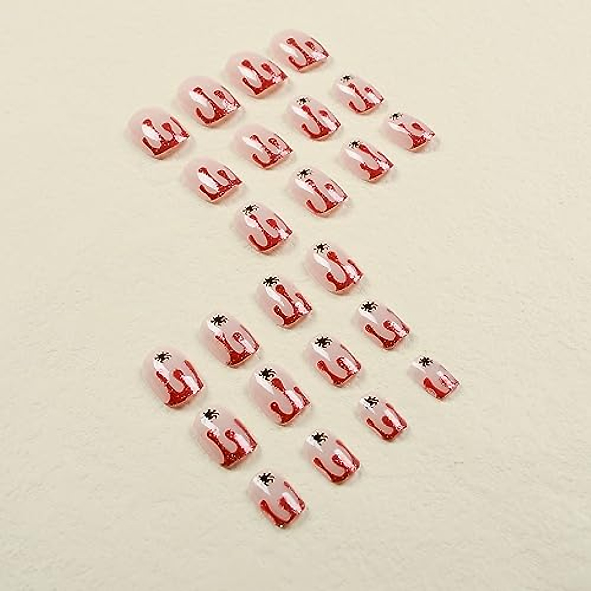 Halloween Short Press on Nails Square Fake Nails Red Glitter Blood Nail Tip Designs Stick on Nails with Spider Nude Acrylic Nails Short Halloween Fake Nails for Women 24Pcs