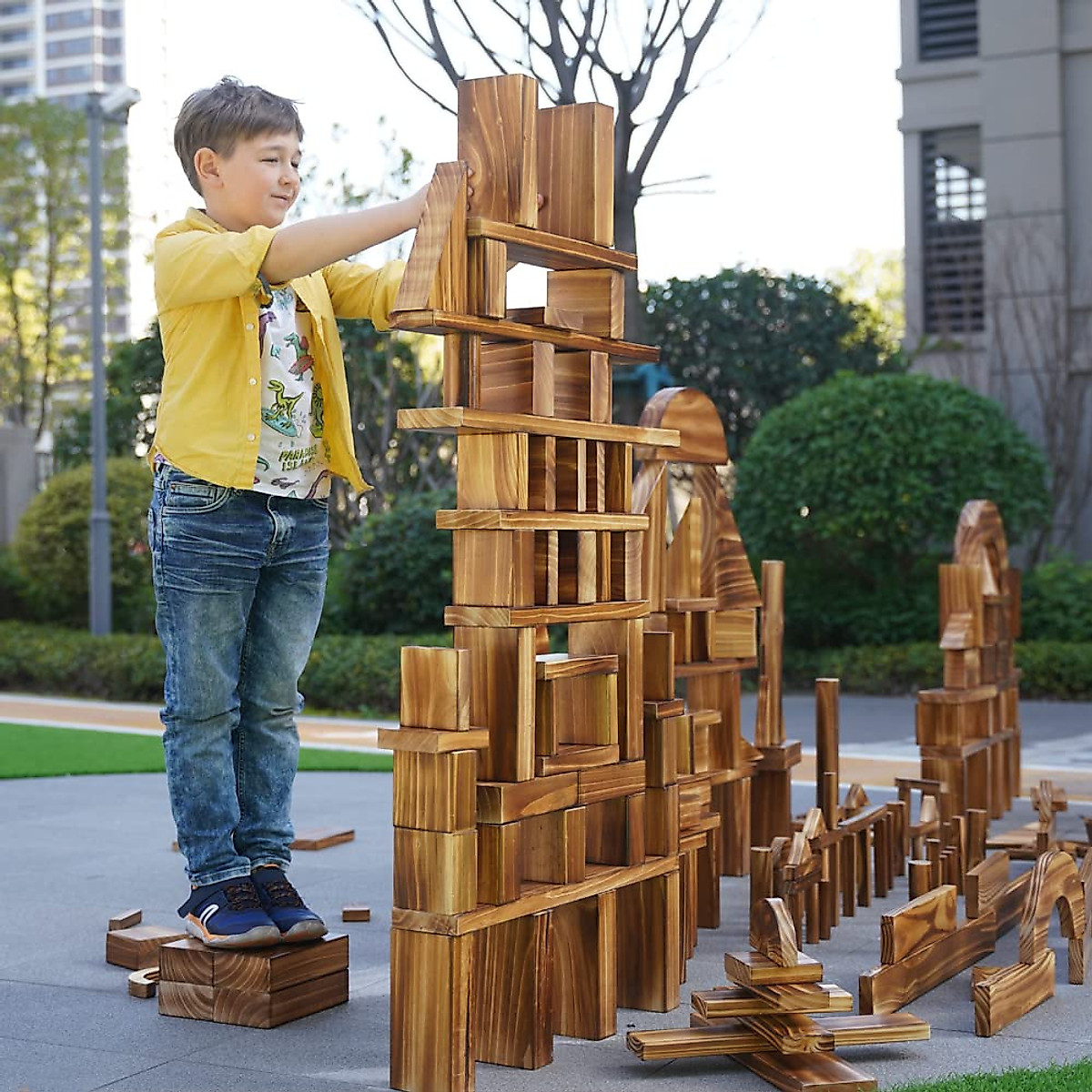 210 pcs Outdoor Large Wooden Building Blocks Set for Kids Toddlers 3-12 (35 lbs), Big Carbonized Wooden Sensory Blocks Toys, Mega Outside Building Toys for Preschool