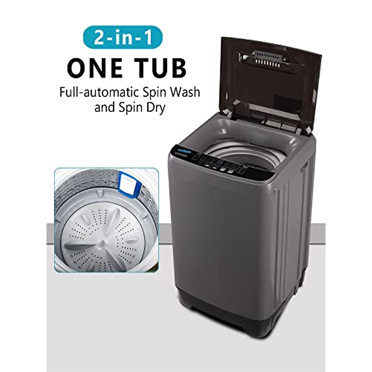 Krib Bling Full-Automatic Washing Machine with Drain Pump, 17.7 lbs Compact Washer, 10 Wash Program & 8 Water Level, Ideal for Apartment, Dorm, RV Grey