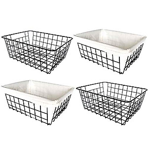 Wire Storage Baskets, 4 Pack Metal Household Organizer with 2 Pcs Fabric Liners, Refrigerator Bin with handles, for Pantry, Shelf, Freezer, Kitchen Cabinet, Bathroom, Countertop, Closets (Black)