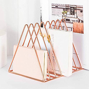 Magazine Rack Book Record Holder, Desktop Iron Storage Rack Bookshelf Multifunction Triangle File Organizer Decor Home Office (Rose gold)