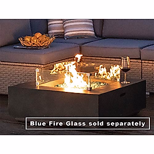 COSIEST Outdoor Propane Fire Pit Coffee Table w Greyish-Green Square Faux Stone 35-inch Planter Base, 50,000 BTU Stainless Steel Burner, Wind Guard, Tank Outside and Rain Cover