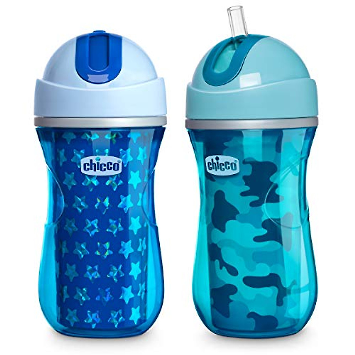 Chicco Insulated Flip-Top Straw Spill Free Baby Sippy Cup, 12 Months+, Blue/Teal, 9 Ounce (Pack of 2)