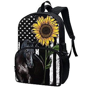 doginthehole Black Horse Backpack School Bag for Students Girls Boys American Flag Sunflower Laptop Bookbag Shoulder Bag Travel Hiking Camping Daypack for Women 17 Inch