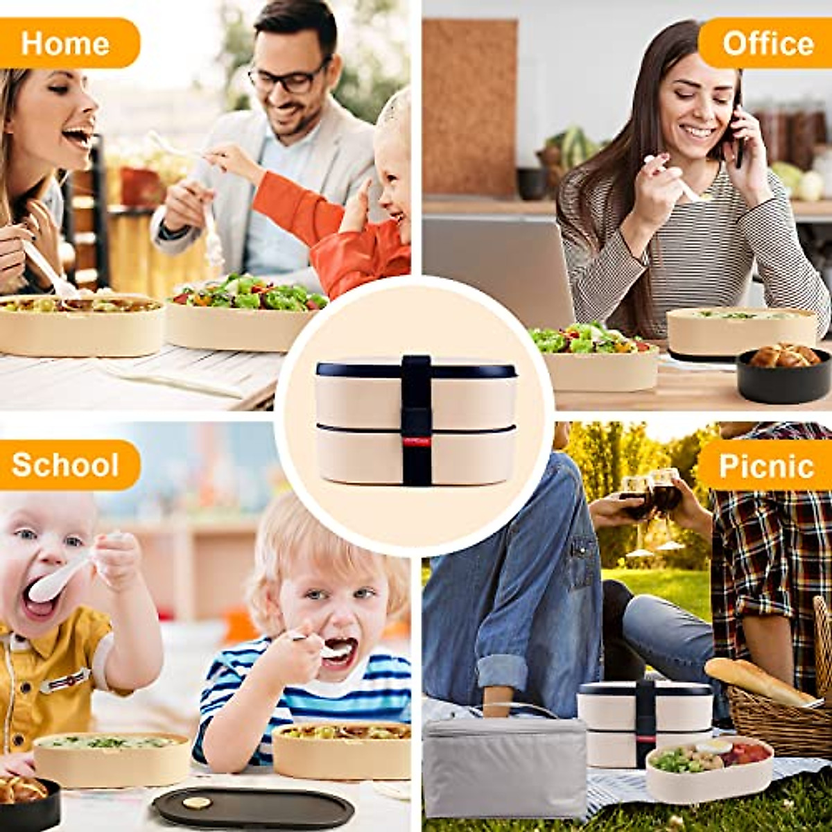 homeasy Bento Box for Adults Students, BPA Free Plastic Bento Lunch Boxes Rectangle Food Grade Lunch Containers with Cutlery Set and 2 Sauce Pot, 2-Tier Leak-Proof, 1200 ML (Beige with Bag)