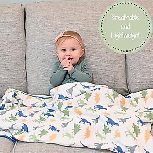 LollyBanks Muslin Quilt Blanket, 100% Cotton Muslin Baby Blanket for Boys, Large 47 x 47 Inches, 6 Layers Soft and Breathable Quilt Blanket, Versatile Crib Blanket, Baby Essentials (Dino Print)