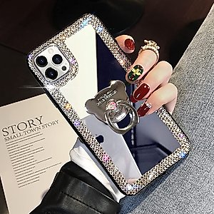 LUVI Compatible with iPhone 15 Pro Max Mirror Bling Case with Ring Cute Glitter Diamond Rhinestone Holder Loopy Finger Grip Kickstand Stand Luxury Fashion Cover for Women Girls Silver