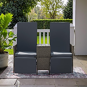 Devoko Patio Recliner Loveseat Chair, Adjustable Backrest Wicker Conversation Set with Table,Thick Cushion, Outdoor & Indoor Patio Recliners for Balcony, Porch, Living Room