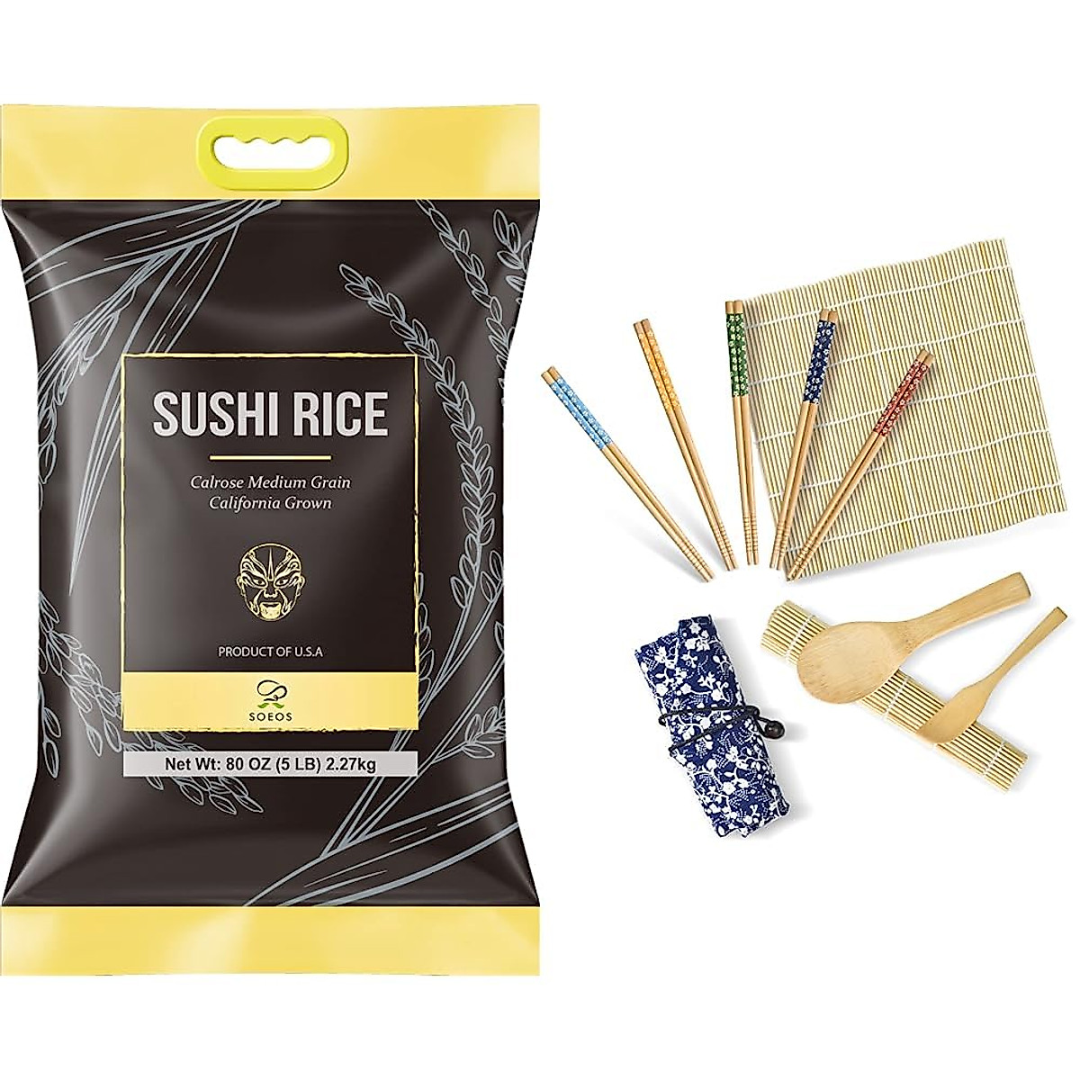 Soeos Premium Sushi Rice, Medium Grain, White Sticky Rice, 5 Pound + Soeos Sushi Making Kit, 2 Sushi Rolling Mats, 5 Pairs Chopsticks, 1 Paddle, 1 Spreader, 1 Cotton Bag