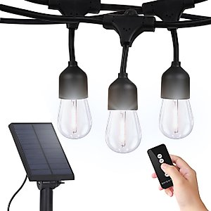 Brightech Ambience Pro – Solar Power Remote Control Outdoor String Lights with Edison Bulbs – Shatterproof, Commercial Grade LED Waterproof Patio Lights – 1W, 3,000K, Hanging, 48 ft