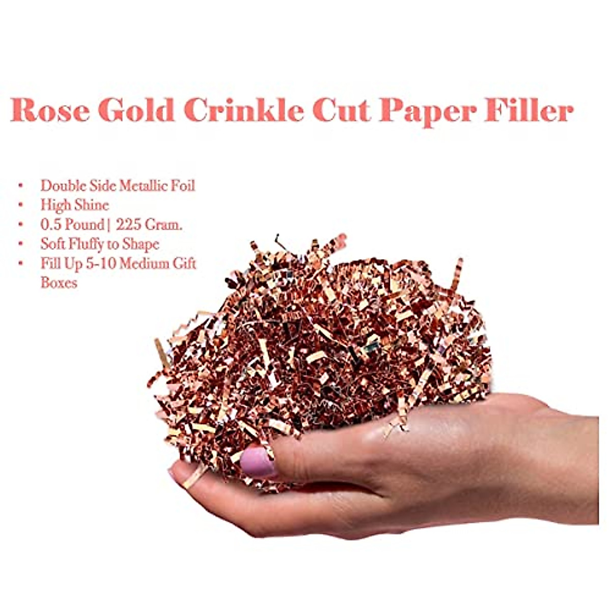 UNIQOOO 1/2 LB Metallic Rose Gold Crinkle Cut Paper Shredded Filler, Pink Grass Raffia Tissue, Strands Shred Craft Bedding Cushion, Wedding Mothers Day Bridesmaid Engagement Gift Boxes Bags Retail