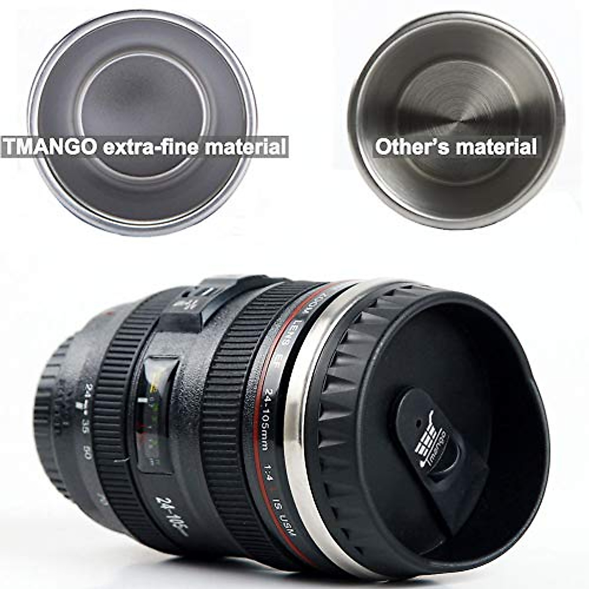 Tmango Camera Lens Coffee Mug With Retractable Lid, Photo Coffee Mugs, Stainless Steel Travel Lens Mug, Great Gifts for Photographers Men and Women