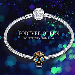 FOREVER QUEEN Skull Charms fit Charms Bracelets, 925 Sterling Silver Sunflower Dia De Los Muertos Bead Multicolor CZ Charm for European Bracelets& Necklace, Best Halloween Gifts for Women