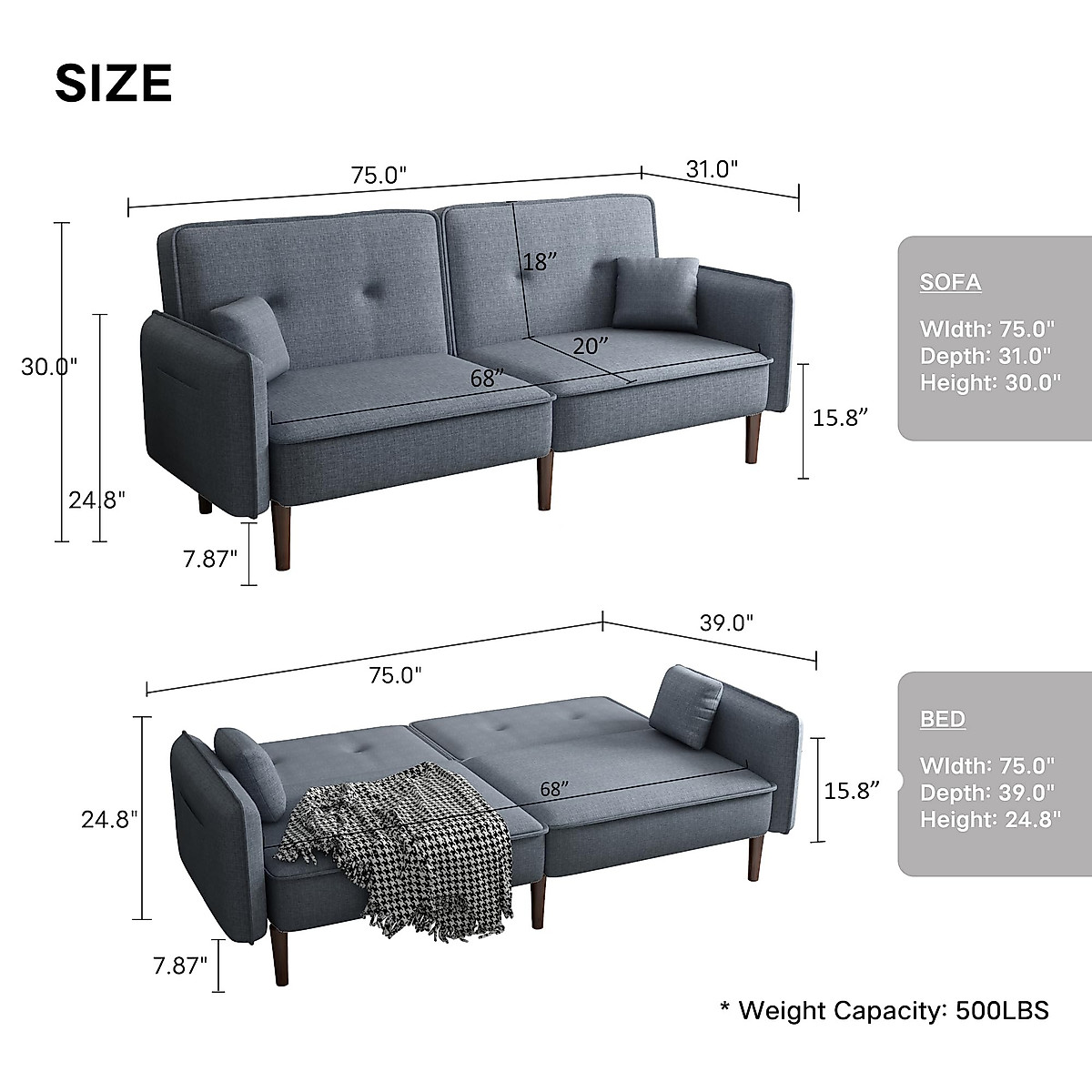 OTRIEK 75" Convertible Futon Sofa Bed with 2 Pillows and Storage Pockets, Modern Upholstered Couch Sleeper Sofa Folding Lounge for Living Room Small Space Apartment (Grey)
