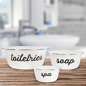 AuldHome Enamelware Spa Basin Set (Set of 3); White Rustic Farmhouse Decor Spa Bowls for Bathroom Storage and Home Decor