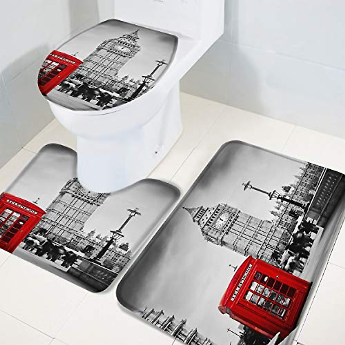 Women Trend 3 Piece Bath Rugs Set Non-Slip Bathroom Mats Absorbent Contour Soft Mat Toilet Lid Cover Bathroom Decor Set- Big Ben and Red Phone Booth in London 18"x30"+14"x18"+15"x18"