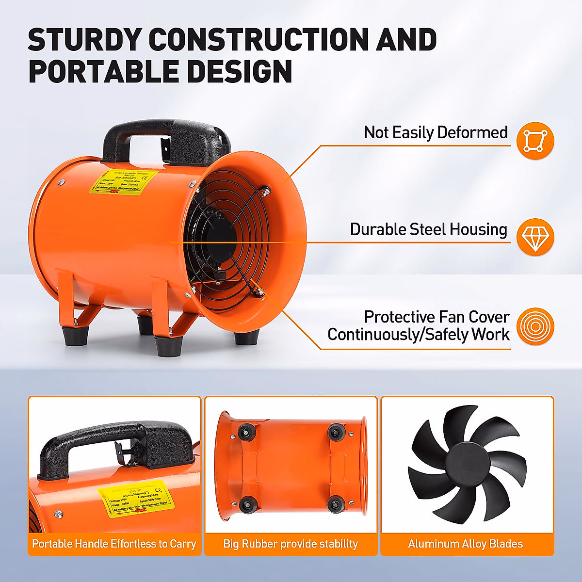 Rengue 8 Inches Utility Blower/Exhaust with 16.4 FT Hose Fan, 3300 r/min High Velocity Low Noise Extraction and Ventilation Fan with Duct Hose