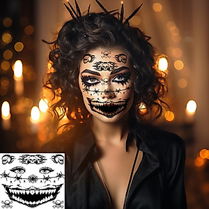 Enyacos 7pcs Scary Halloween Face Temporary Tattoos For Women Men,Skeleton Mouth Tattoo,Halloween Makeup Adults, 3d Spider Web Face Tattoo Sticker,Fake Cuts Halloween Decor Party Supplies (A)