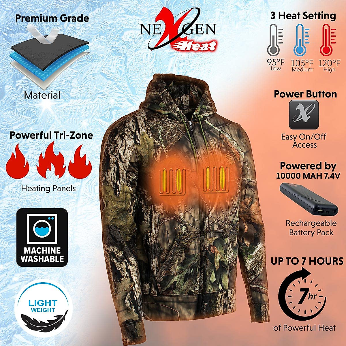 Nexgen Heat NXM1776SET Men's Camouflaged Heated Zipper Hoodies - Warming Camo Hoodie for Hunting w/Battery - XX-Large