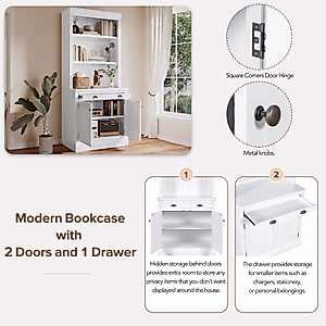 Linique 2PCS Modern Tall Bookshelf with LED Lights, Drawers, Open Shelves & Doors, Storage Bookcase with Adjustable Shelves for Living Room, Bedroom, Home Office, White