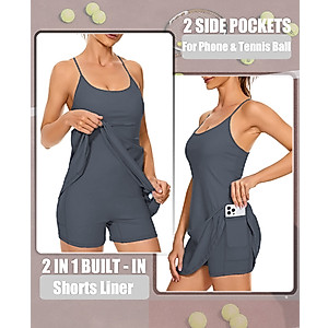 POWERASIA Women’s Tennis Dress Exercise Dress with Built-in Bra & Shorts Workout Golf Athletic Sleeveless Dress with Pockets Dark Grey