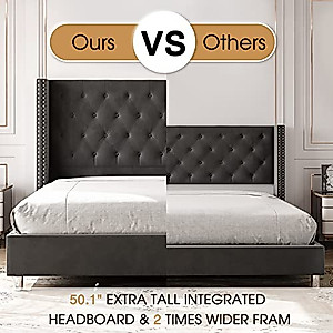 PaPaJet Tufted Upholstered Platform Bed Frame King Size Velvet Low Profile Platform Beds Raised Wingback Headboard with Strong Wooden Slats/Mattress Foundation/Easy Assembly, Dark Grey