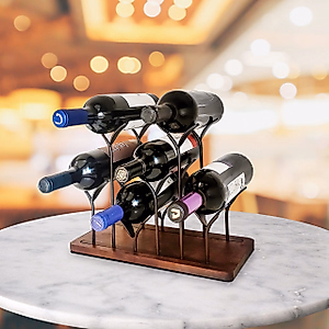 Kovot Tabletop Bottle Rack, 6 Wine Bottle Holder, Dark Brown Wood Base with Black Iron Branches, Countertop Home Decor Kitchen Storage Rack, Bar, Cellar, Cabinet, Pantry