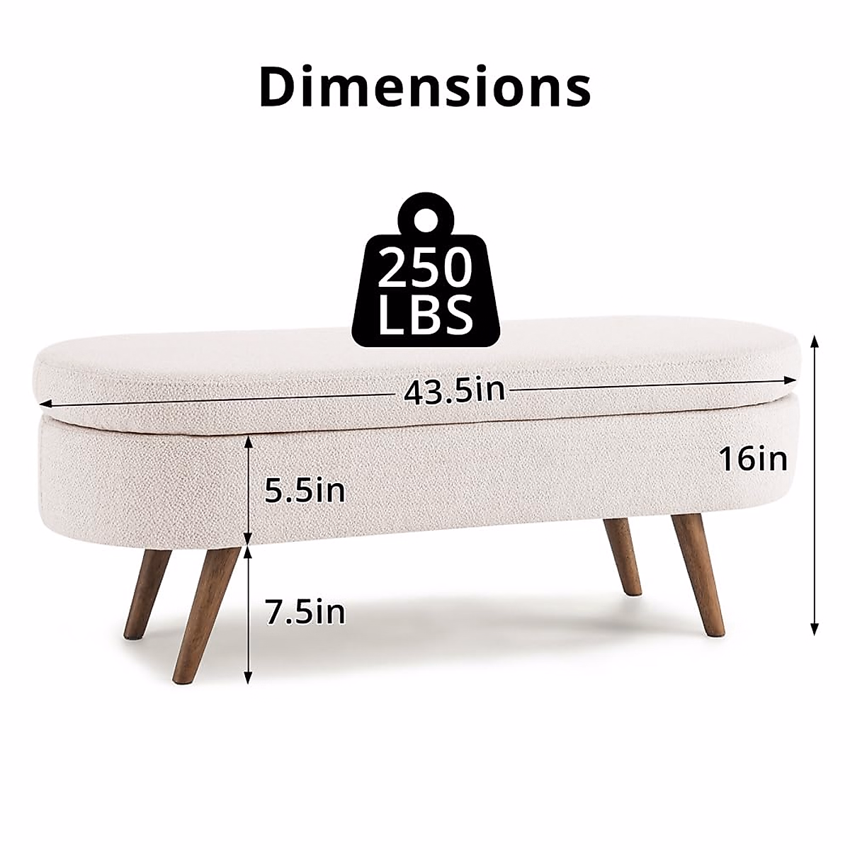 TRIPLE TREE 43.5" Storage Ottoman Bench with 250lb Seating, Linen Upholstered Wood Legs Safety Hinge Flip Top Oval Foot Rest Long Stool for Sofa Couch Bedroom End of Bed Living Room Entryway, Beige