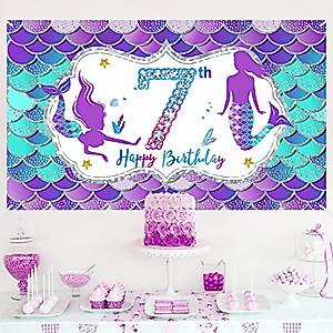 Mermaid 7th Birthday Banner Decorations for Girls, Little Mermaid Themed Happy 7 Year Old Birthday Background Party Supplies, Under The Sea 7 Bday Sign Decor for Outdoor Indoor