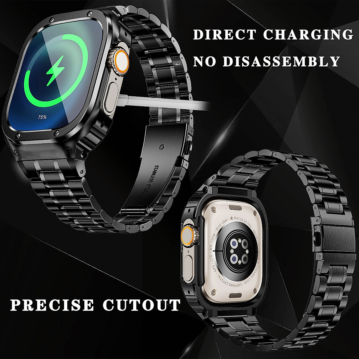 HASLFM Stainless Steel Watch Band with Case Compatible with Apple Watch Ultra/Ultra 2(49mm),Metal Strap and Rugged Protective Cover for iWatch Bands Cases Men, Black