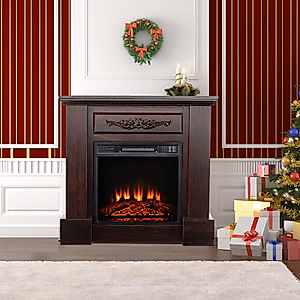 Tangkula 32’’Electric Fireplace with Mantle, Freestanding Fireplace Heater w/ 3D Realistic & Adjustable Flame, Remote Control, Overheat Protection, 1400 W Wooden Fireplace Mantel for Home (Brown)