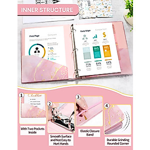 SUNEE 3 Ring Binder 1 Inch, Cute Binder with Clipboard, 2 Pockets, 5 Tab Dividers & Label Stickers, Decorative Pink Marble Heavy Duty Three Ring Binder (Fit 8.5x11 Inches) for Office Binder Supplies