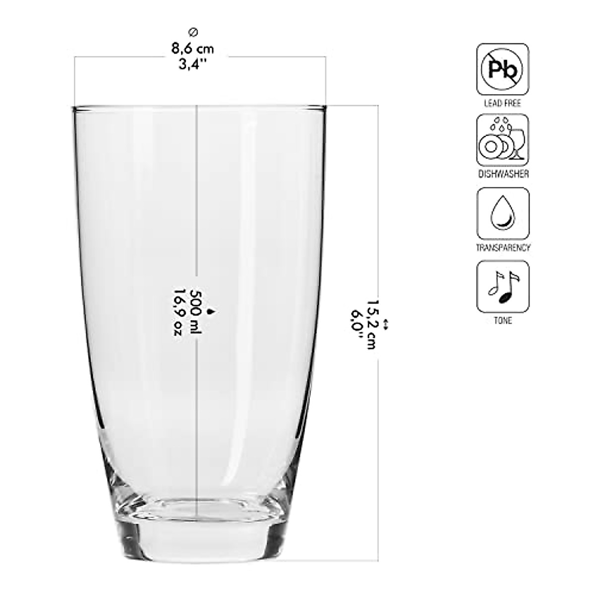 Krosno Tall Water Juice Drinking Glasses | Set of 6 | 16.9 oz | Mixology Collection | Perfect for Home, Restaurants and Parties | Dishwasher Safe