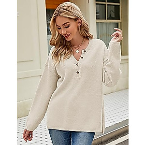 KTILG Pullover Sweaters for Women Oversized Sweater Side Slit Long Sleeve Loose V Neck Button Henley Tops Pullover Knit Jumper Beige, M