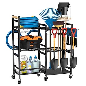 NADAMOO Large Garden Tool Organizer with Rolling Wheel, 3-Tier Metal Shelf Yard Tool Holder, Utility Stand Rack for Garage Organization and Storage, Hold Long-Handled Rakes, Shovel, Broom