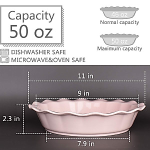 Bosmarlin Ceramic Pie Pan, 9 Inches Pie Dish, 50 oz, Pie Plate for Baking, Microwave, Oven Safe and Dishwasher safe (Pink, 9 inches)