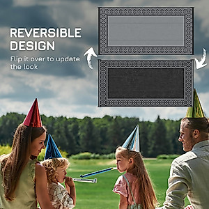 Outsunny Reversible Outdoor Rug, 9' x 18' Waterproof Plastic Straw Floor Mat, Portable RV Camping Carpet with Carry Bag, Large Floor Mat for Backyard, Deck, Picnic, Beach, Black & Gray Border