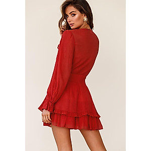 Dokotoo Womens Casual Spring Summer Sexy V Neck Ruffle Elegant Long Sleeve Empire Waist Tie Knot Cute Chiffon Boho Beach Tunic Swing A Line Flowy Mini Short Skater Dresses for Women 2024 Red M