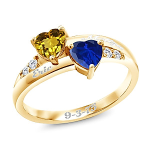 Gem Stone King 18K Yellow Gold Plated Silver Customized and Personalized 2-Stone Heart Shape Gemstone Birthstone with Custom Lazer Engraving and Lab Grown Diamond Ring For Women (Size 8)