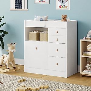 DAWNSPACES Baby Changing Table Dresser with 5 Drawers & Shelf, 2 in 1 Nursery Dresser Chest for Infants w/Changing Station, 33.5" Storage Changing Station Dresser, White