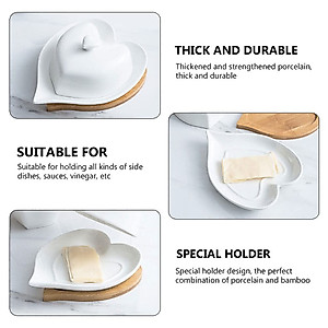 Cabilock Heart Shaped Ceramic Butter Dish with Lid and Bamboo Tray Butter Keeper Container White Food Storage for West East Butter for Home Use