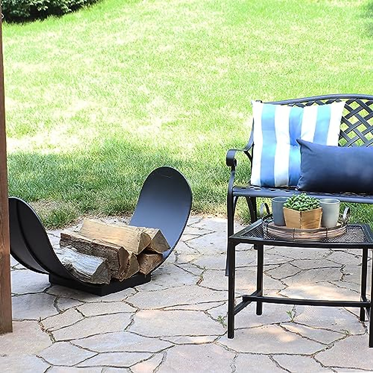 Sunnydaze Curved Firewood Rack - Indoor or Outdoor Fireplace or Fire Pit Wood Storage Holder - Durable Steel Construction with Powder-Coated Black Finish - 3-Foot
