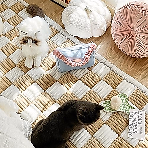 Cream-Coloured Large Plaid Square Pet Mat Bed Couch Cover, Cosy Plush Couch Cover Non Slip Floral for Pets Dogs Bed (Style-2, 27.6x70.9 in)