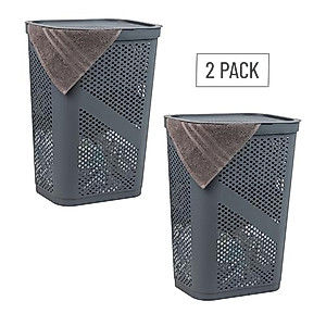 Mind Reader 60L Slim Laundry Hamper, Clothes Basket, Lid, Ventilated, Plastic, 17.25"L x 13.75"W x 23.5"H, Set of 2, Gray