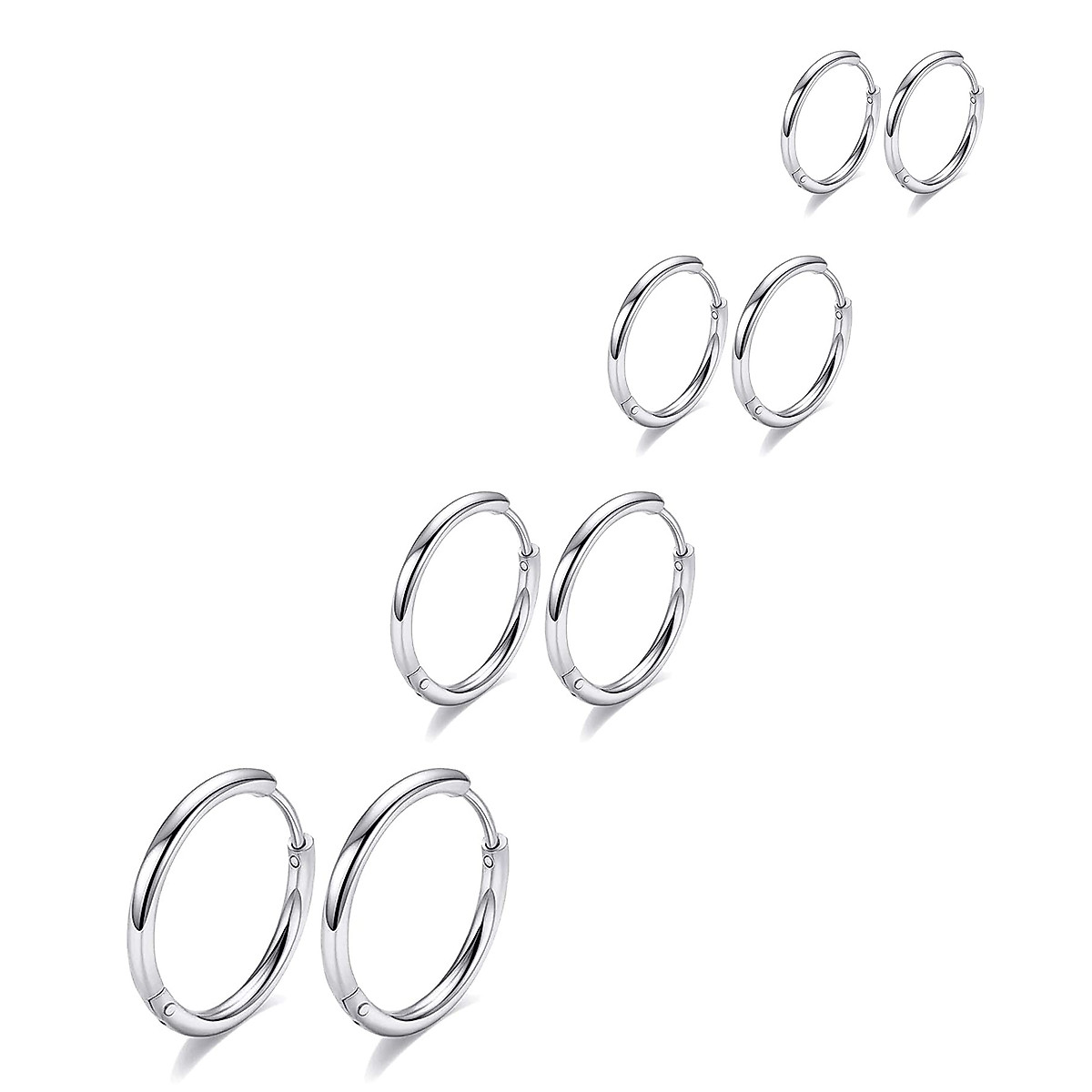 4 Pairs 316L Surgical Stainless Steel Small Huggie Hoop Earrings Set Hypoallergenic Hoops Cartilage Helix Lobes Hinged Sleeper Earrings for Men Women for Multiple Piercings (6/8/10/12mm Silver,4 Pairs