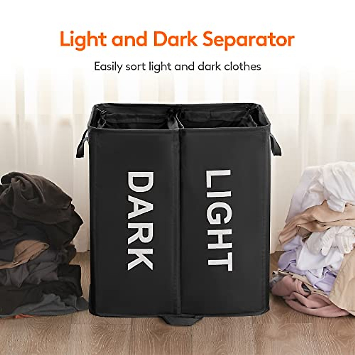 Lifewit 136L Double Laundry Hamper with Lid and Removable Laundry Bags, Large Divided Hamper, Collapsible 2 Section Laundry Basket with Handles for Bedroom, Bathroom, College Dorm, Laundry Room, Black