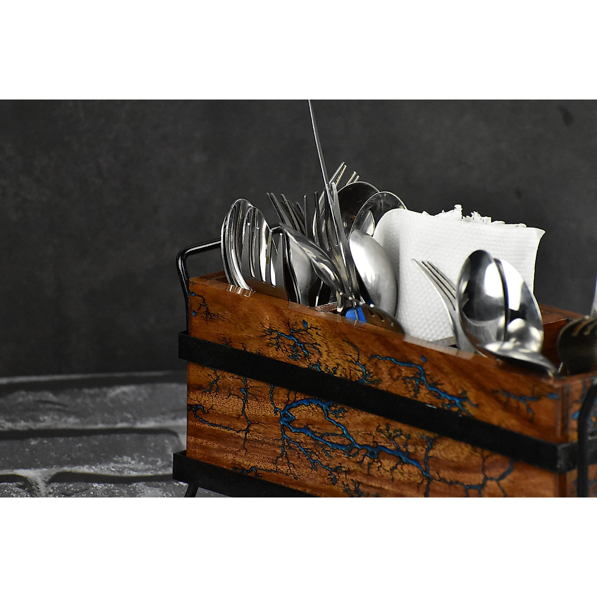 Utensil Caddy Silverware Cutlery Holder with 3 Compartment, Wooden Utensil Crock Flatware Organizers with Iron Stand, Rustic Kitchen Utensil Organizers for Farmhouse Kitchen and Countertop